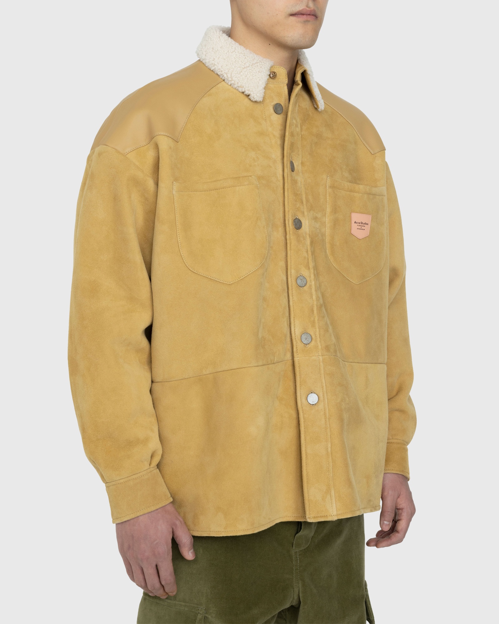 Acne Studios – Suede Leather Shearling Overshirt Straw Yellow ...