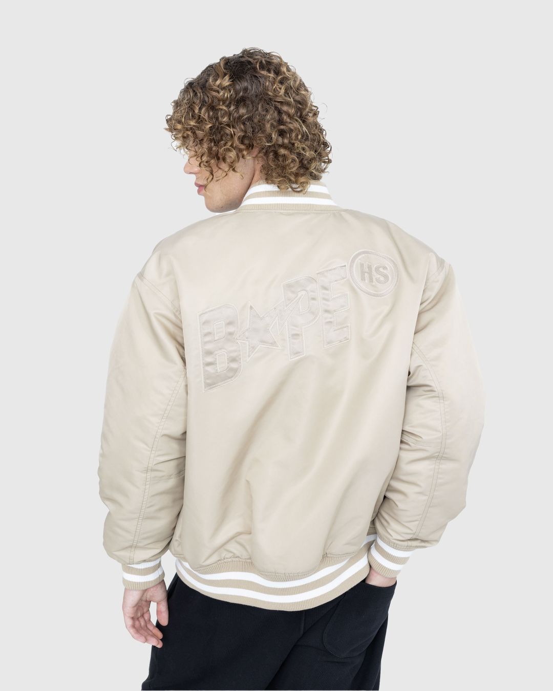 BAPE x Highsnobiety – Varsity Jacket Beige | Highsnobiety Shop
