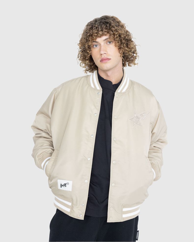 BAPE x Highsnobiety – Varsity Jacket Beige | Highsnobiety Shop